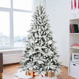 7FT Snowy Flocked Artificial Tree with Hinged Structure and Metal Stand ...