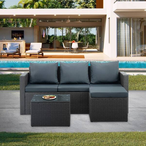 3-Piece Dark Grey PE Rattan Patio Furniture Set with Glass Table - Bed ...