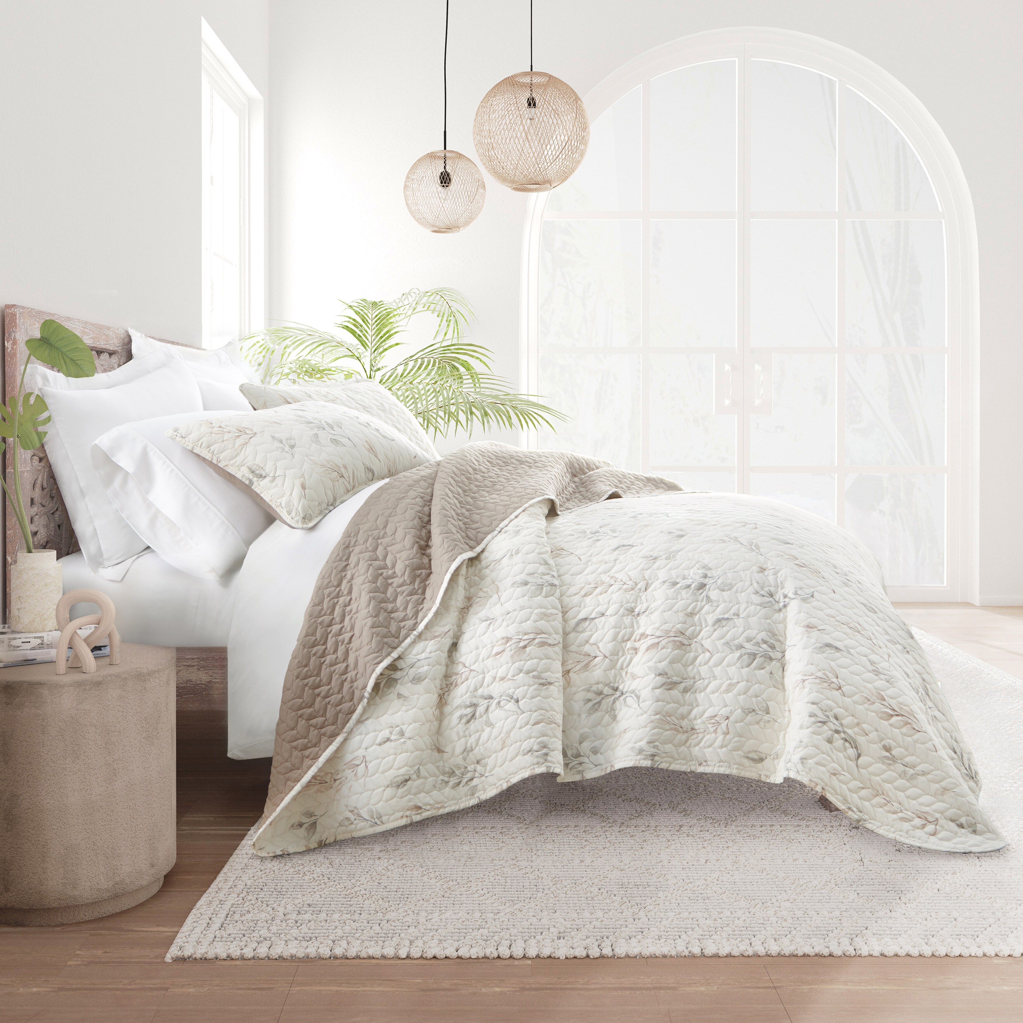Becky Cameron All Season 3 Piece Watercolor Leaves Stripe Reversible Quilt Set with Shams On Sale Bed Bath Beyond 36903027
