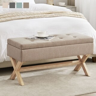 Fabric Entryway Bench Beige/ Grey Upholstered Storage Bench with X ...
