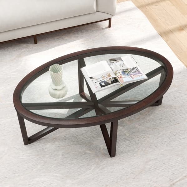 Tempered glass coffee table solid wood base round transparent glass top ...