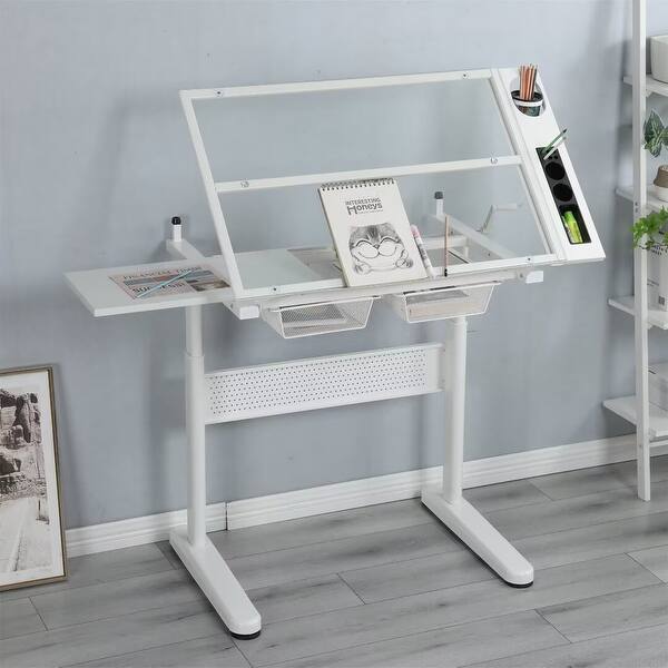 Hand Crank Adjustable Drawing Desk with 2 Metal Drawers and Stool - Bed ...