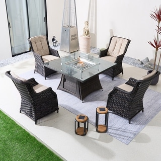 5-Piece All-Weather Square Fire Pit Dining Table Set with Four Chairs ...