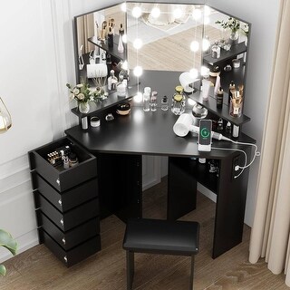 Modern Corner Makeup Vanity Table with LED Lighted Mirror, Vanity Desk ...