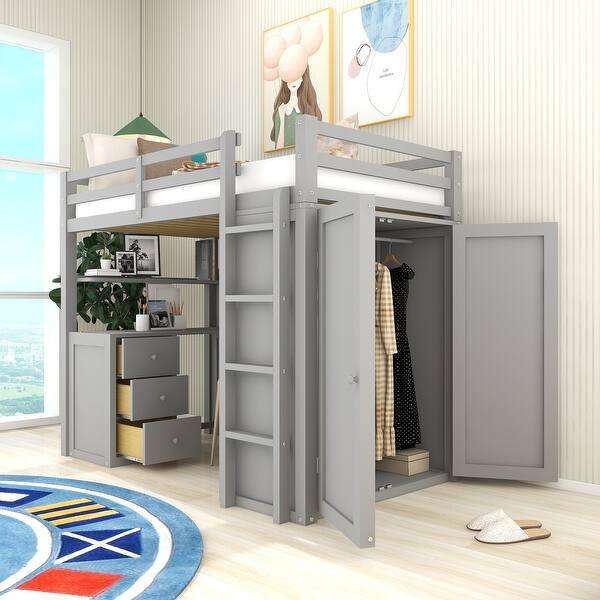Twin-Size Solid Loft Bed with Study Desk and Spacious Wardrobe - Bed ...