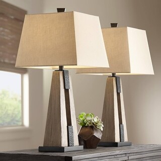Table Lamps 27" Tall Set of 2 with USB Port Wood Oatmeal Tapered ...