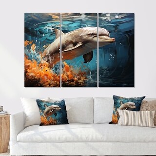 Designart "Dolphin Symphony" Dolphin Canvas Wall Art Set of 3 - Modern ...
