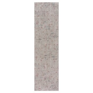 HomeRoots 8' Gray Ivory Slate Blue And Wine Red Geometric Distressed ...