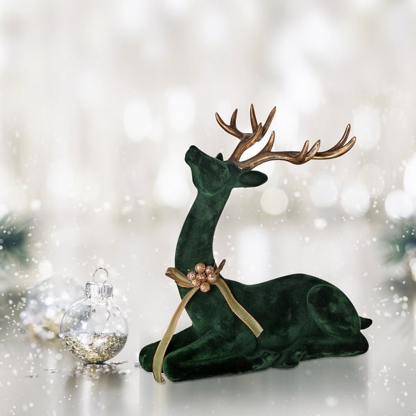 10" Resin Flocked Emerald Laying Deer - Overstock - 34663276