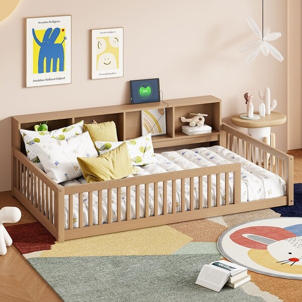 Twin XL Size Wood Daybed with Bedside Storage Cabinets Modern Kids Floor Bed Frame with Charging Station