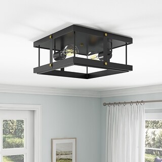 Industrial Matte Black 2-Light Rectangle Iron Frame Farmhouse Flush ...