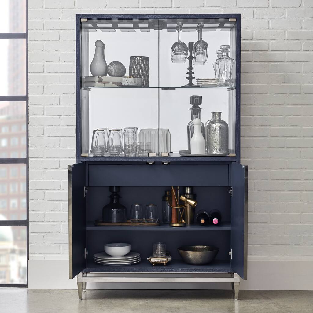 Modern Navy Blue Finish Mirrored Home Bar Cabinet - Overstock - 29920830