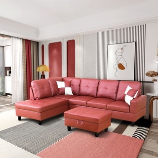 Red Faux Leather 3-Piece Couch L-shaped Living Room Sofa Set - Bed Bath ...