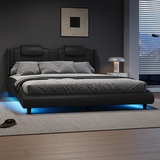 Wave-like Frame Platform Bed Faux Leather Upholstered Bed with Under ...