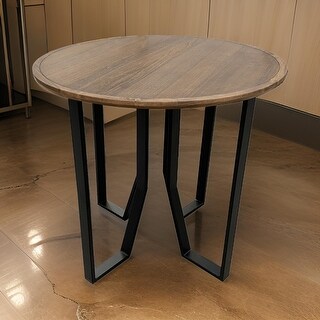 Rina Side End Table, 26 Inch Round Brown Solid Wood, Black Metal Frame ...