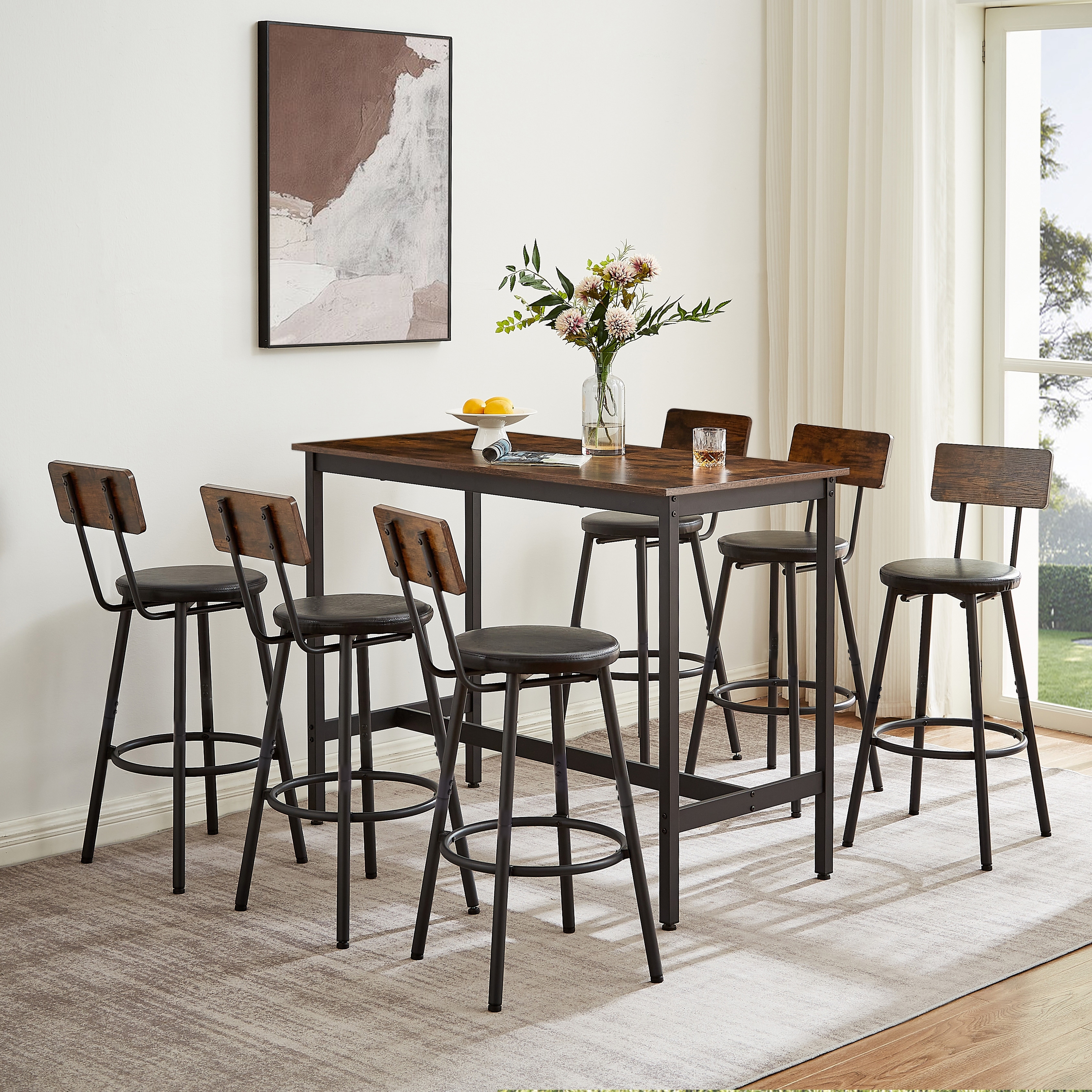 Dining Table 7 Piece Set Industrial Style Pub Table 6 PU Leather Bar Chairs for Kitchen