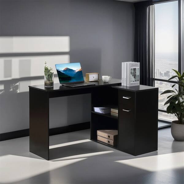 L Shaped Computer Desk, 180° Rotating Corner Desk with Storage Shelves ...