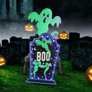 26.4" Solar Lighted Tombstone with Glow in The Dark Ghosts,LED Purple ...