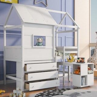 Twin Size Semi-Enclosed Kids House Bed Loft Bed w/ Extendable Desk ...
