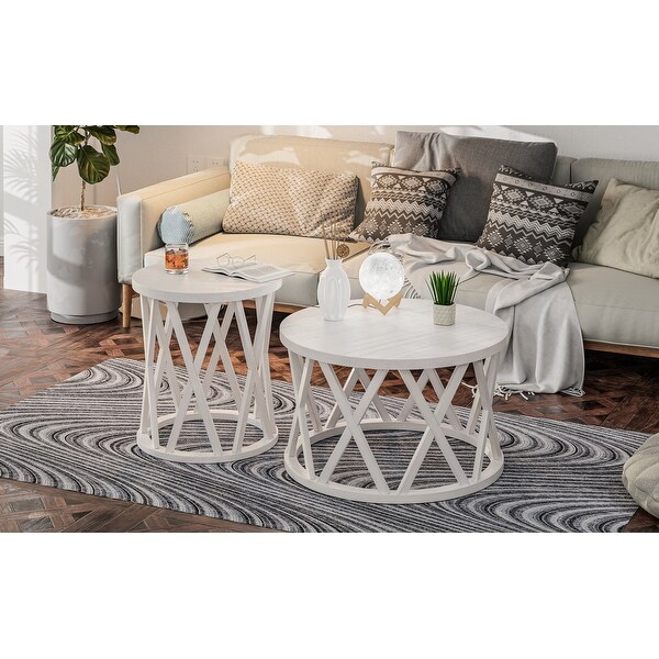 COZAYH Farmhouse End Table Rustic Round Coffee Table with X Motifs Legs Wood Textured Top for Boho French Country Decor