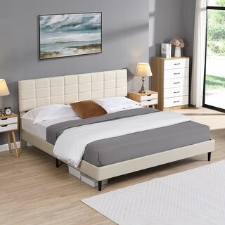 Metal Support Rail Bed Frame w/ Headboard & Wooden Slats,Beige - King ...