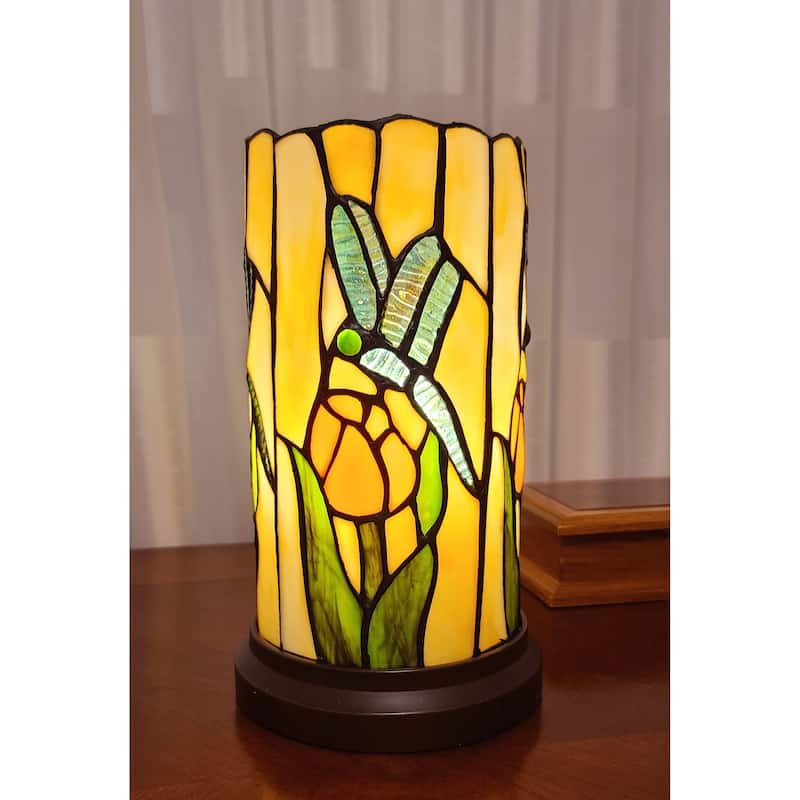 Tiffany Style Accent Lamp 10" Tall Stained Glass White Dragonfly ...
