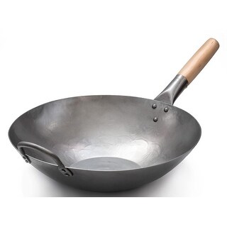 Flat Hand Hammered Carbon Steel Pow Wok with Wooden and Steel Helper ...