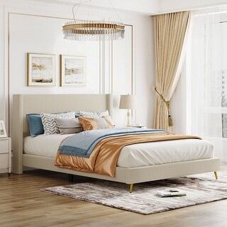 Beige Upholstered Platform Bed: Corduroy Tufted Headboard, Metal Legs ...