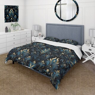 Designart "Blue And Golden Luxury Flower Pattern III" Gold Glam Bedding ...