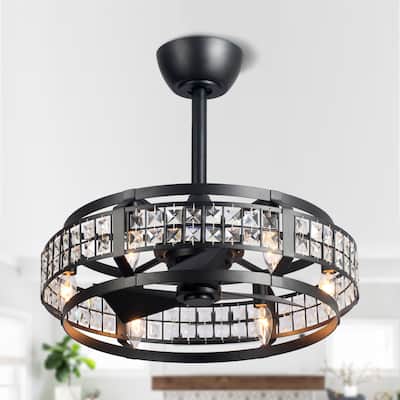 21-in Modern 6-Light 3-Blade Matte Black Crystal Drum Ceiling Fan with ...
