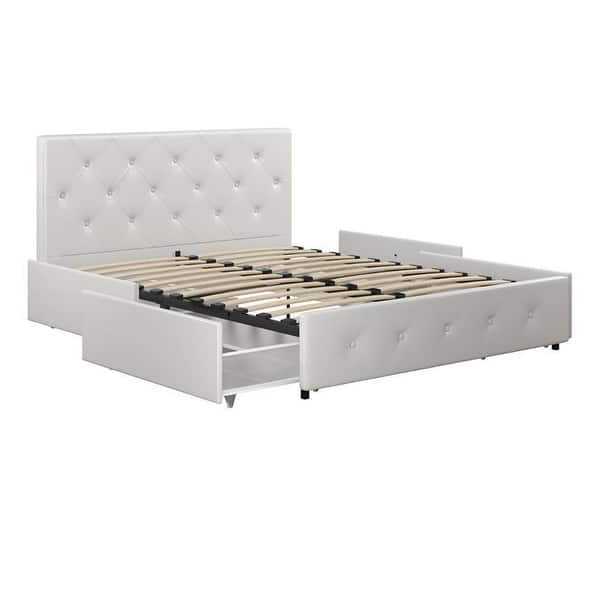 White Faux Leather Upholstered Queen Bed with Storage - Bed Bath ...