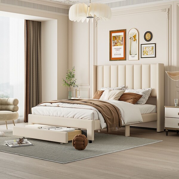 Full Size Bed Frame Modern Velvet Upholstered Platform Bed with Tall Headboard and Drawer Bed Bath Beyond 40734686