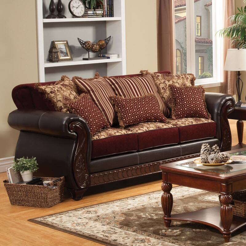 Fabric and Leatherette Sofa with Rolled Arms Design in Burgundy ...