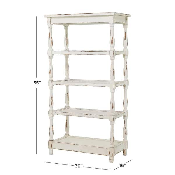 White Wood Distressed Open 5 Shelf Shelving Unit with Spindle Sides and ...