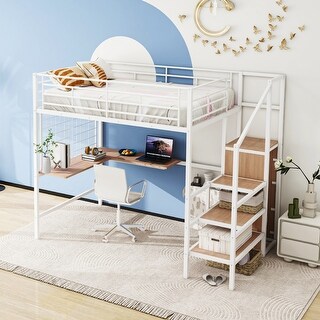 Full Size Stylish White Metal Frame Loft Bed with Desk and Lateral ...