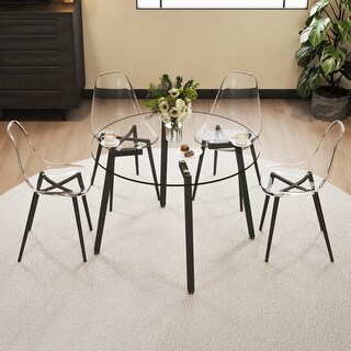 Modern simple style round transparent tempered glass table, black metal ...