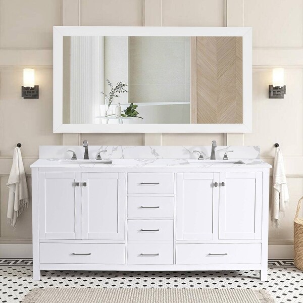 Avila 60 inch wood veneer double sink vanity with marble and ceramic ...