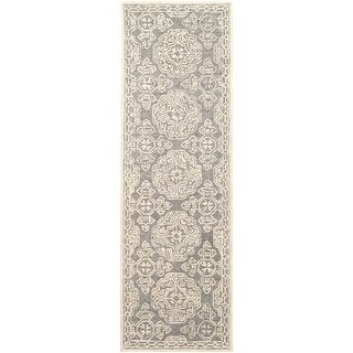 2'6" x 10' Mandala Pattern Gray and Ivory Rectangular Hand Tufted Wool ...