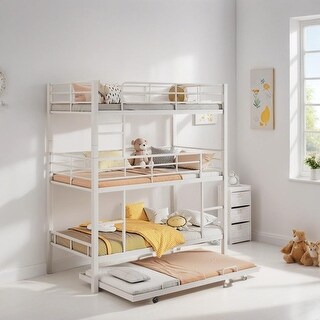 Twin Size Triple Bunk Bed With Pull Handle Trundle, Metal Bed with ...
