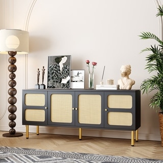 Boho style TV Stand with Rattan Door, Woven Media Console Table for TVs ...