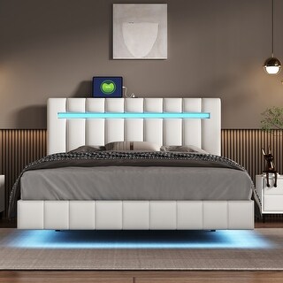 White Floating Bed Frame w/ LED Lights PU Headboard,USB Charging-Queen ...