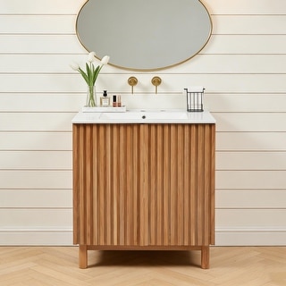 Vertical Walnut 30 Inch Bathroom Vanity with Ceramic Sink Solid Wood ...