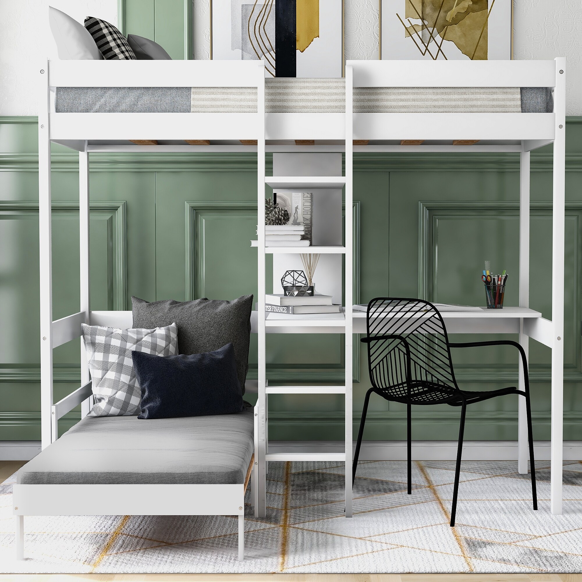 Contemporary Style Convertible Loft Bed with L Shape Desk Twin Bunk Bed with Shelves and Ladder White