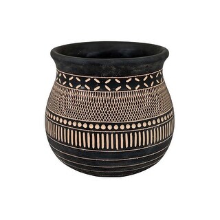 12 Inch Planter, Resin, Large Pot Shape, Tribal Design, Black and Beige ...