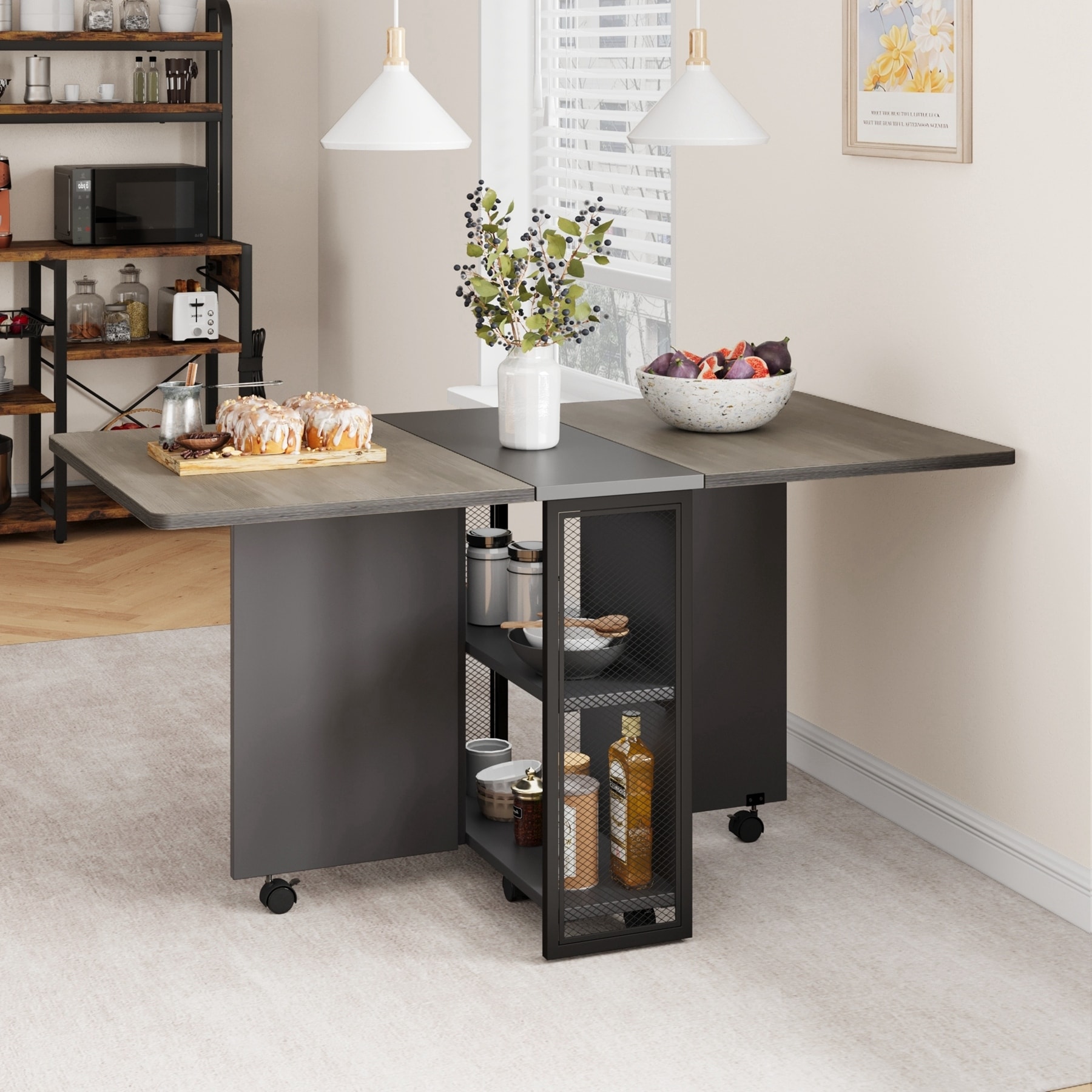 Drop Leaf Dining Table for 6 People with Storage Rack and Wheels - On ...