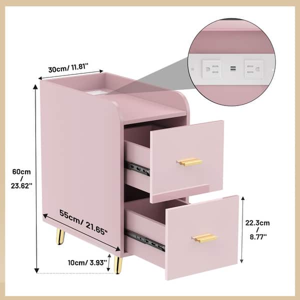Pink Bedside Table with Charging Station, 2 Deep Drawers & Back Shelf ...