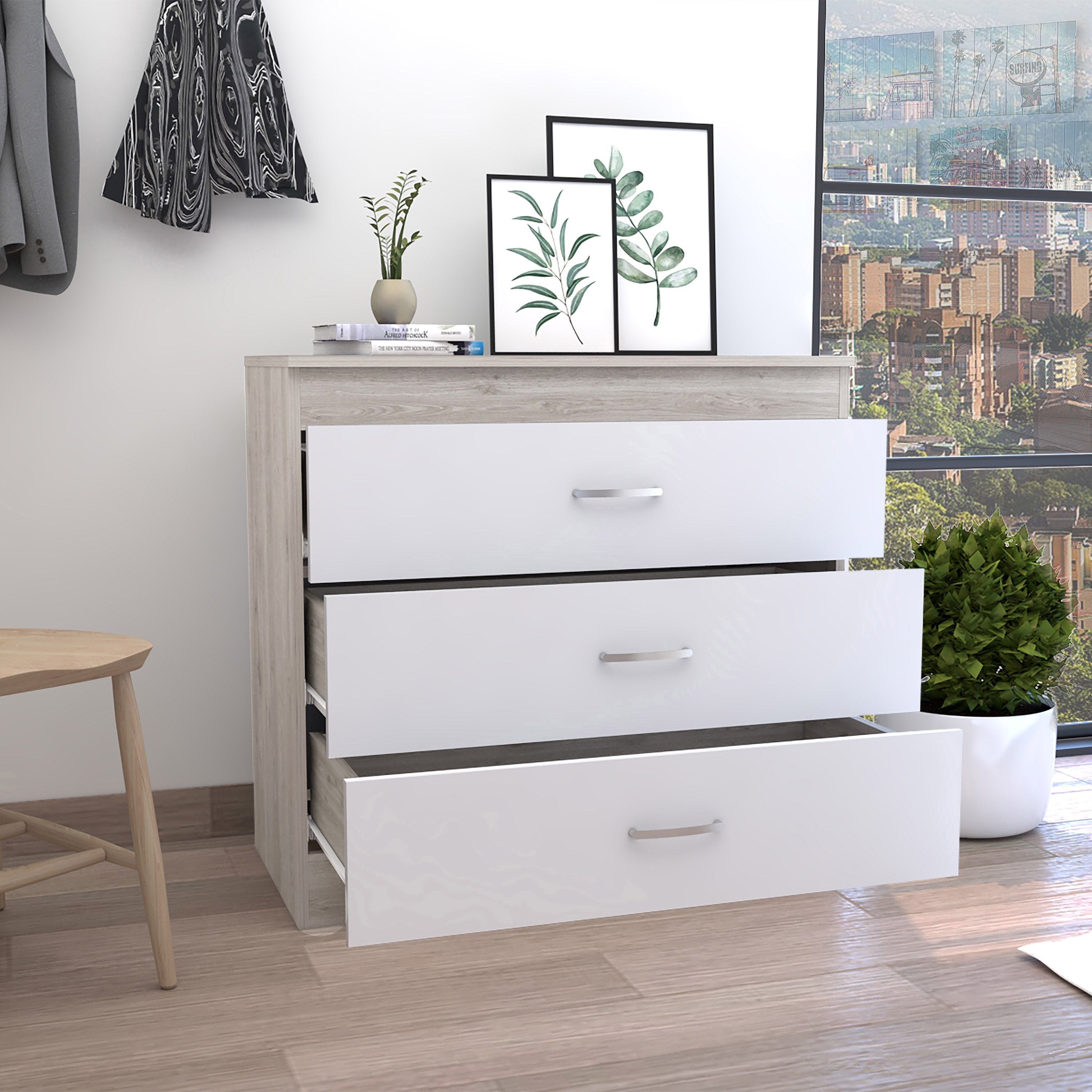 Dresser 29 H Three Drawers Metal Hardware Superior Top Light Gray White