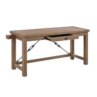 60 Inch Solid Wood Writing Desk with Drawer, Metal Cross Bracers, Brown ...