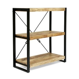 Low Bookshelf Unit, 3 Tier Storage Brown Mango Wood Display Shelves ...