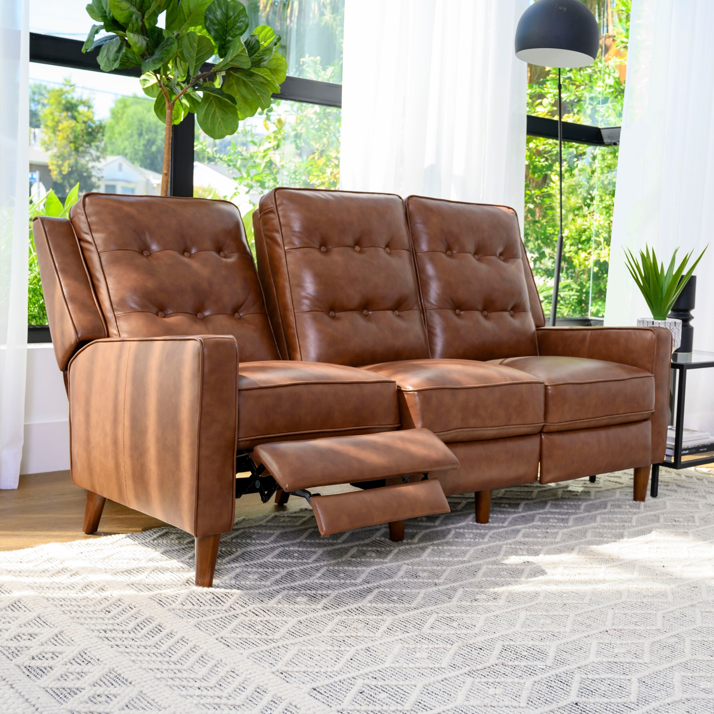 Abbyson Holloway Mid Century Pushback Top Grain Leather Reclining Sofa and Loveseat